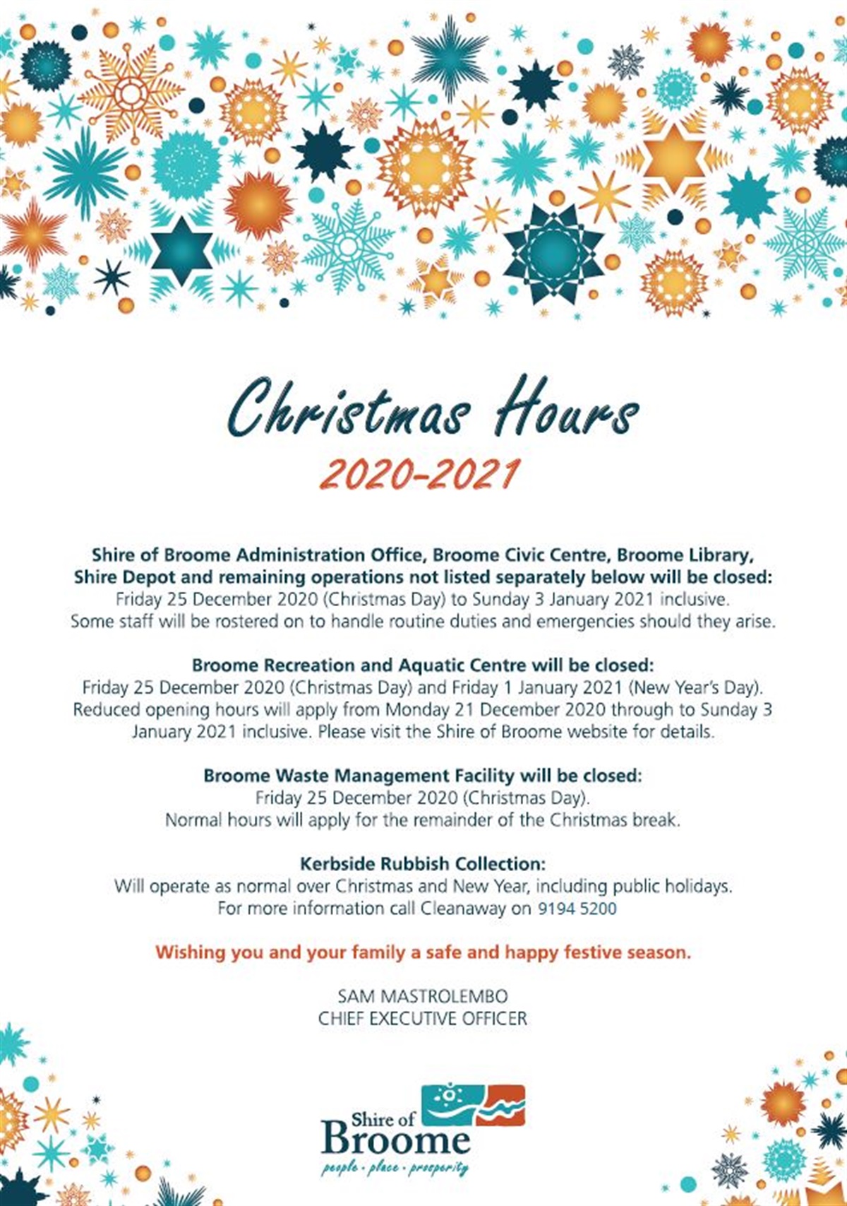 Shire of Broome Christmas opening hours - 2020-21 Shire of Broome